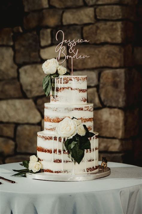 Three Tier Naked Wedding Cake With White Rose Flowers TRICIA BACHEWICH EVENTS In Naked