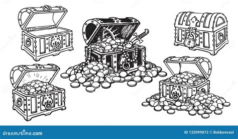 Set Of Pirate Treasure Chests In Sketch Style Open And Closed Empty