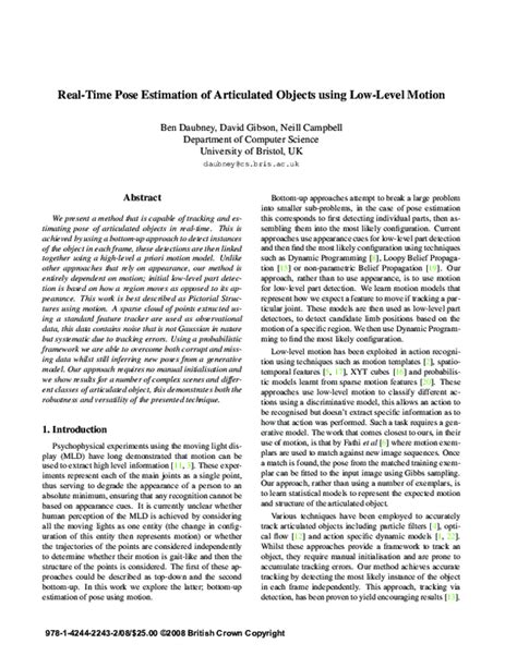 Pdf Real Time Pose Estimation Of Articulated Objects Using Low Level