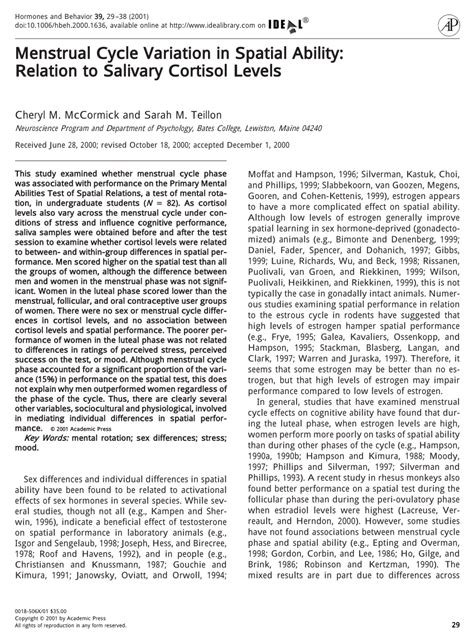 Pdf Menstrual Cycle Variation In Spatial Ability Relation To Salivary Cortisol Levels