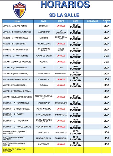 Sd La Salle Horarios Fin De Semana Horarios Y Resultados Sports