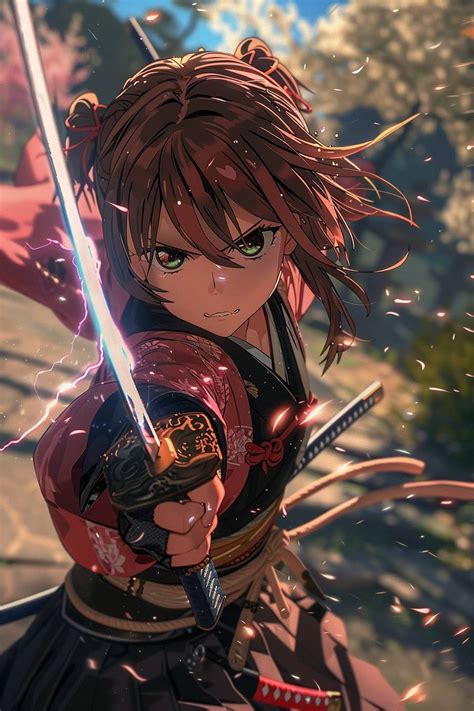 애니메이션 캐릭터 사무라이 소녀의 역동적인 장면