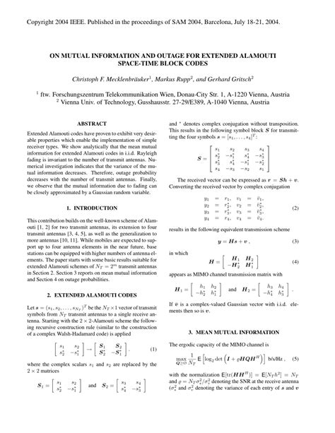 pdf on mutual information and outage for extended alamouti space time