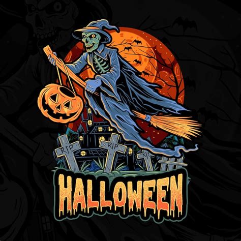 Premium Vector Halloween Skull Witch Flying With Broom