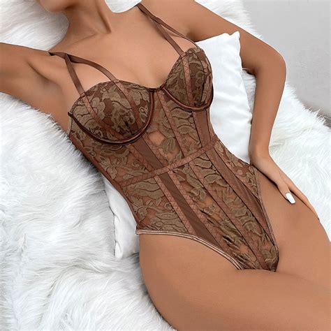 Romantic Bustier Floral Lace Sheer Mesh Cami Cheeky Bodysuit Brown