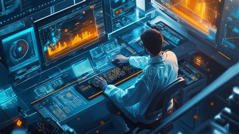 A Man Sits In Front Of Multiple Computer Monitors Each Displaying