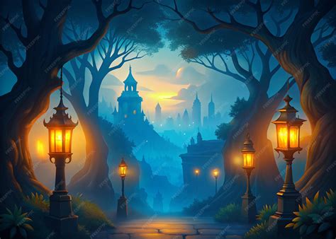 Mystical Fantasy Landscape With Glowing Lanterns And Ancient Gothic