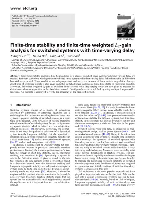 PDF Finite Time Stability And Finite Time Weighted L Gain Analysis For Switched Systems With