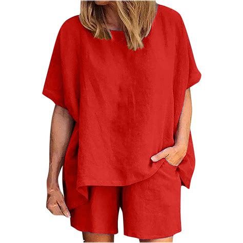 Womens Spring Summer Casual Round Neck Short Sleeve Tops And Shorts