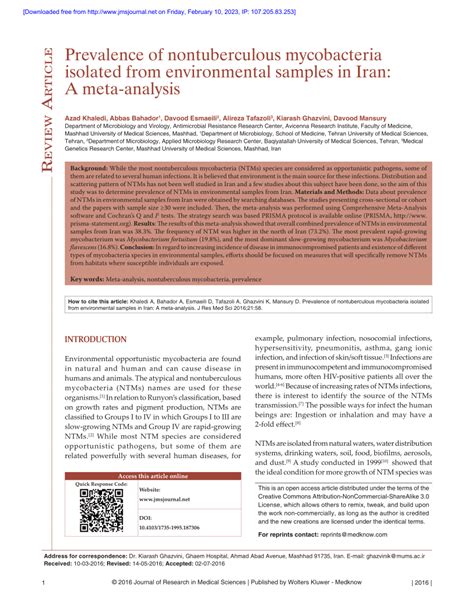 Pdf Prevalence Of Nontuberculous Mycobacteria Isolated From Environmental Samples In Iran A