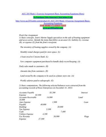 Acc 205 Week 1 Exercise Assignment Basic Accounting Equations New By