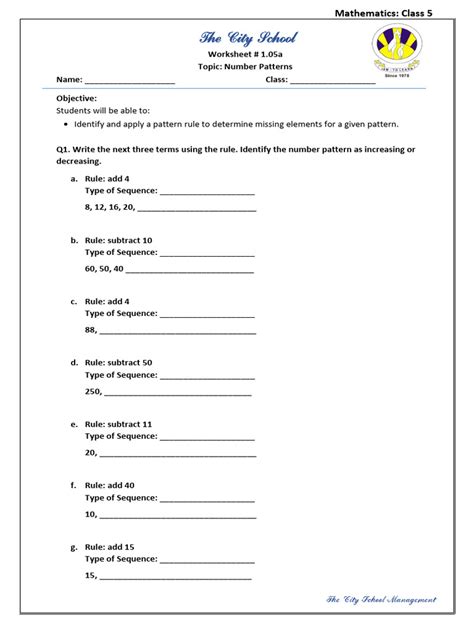 Mathematics Worksheet Class 5 105a Pdf
