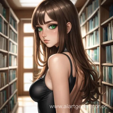 Elegant Brunette In Black Dress At The Library Ai Art Generator