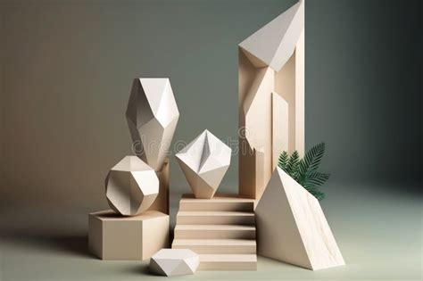 Creative Modern Podium Made Of Abstract Geometric Shapes Empty Stage In Natural Eco Style