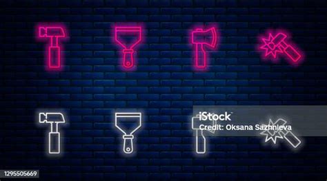 세트 라인 퍼티 나이프 나무 도끼 망치와 벽돌 벽에 빛나는 네온 아이콘 벡터 갈고리 발톱에 대한 스톡 벡터 아트 및 기타 이미지 갈고리 발톱 강철 개선 Istock