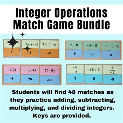add subtract multiply divide integer operation match game activity