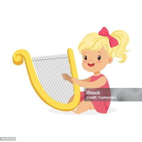 달콤한 금발 소녀 하프 장난감 악기와 젊은 음악가 어린이 만화 벡터 일러스트 레이 션을 위한 음악 교육 교육에 대한 스톡 벡터 아트 및 기타 이미지 Istock