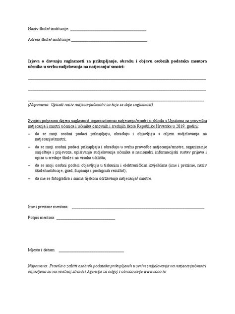 Izjava O Davanju Suglasnosti Za Mentora Pdf