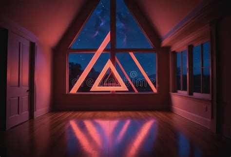 A Large Glowing Pink And Orange Neon Triangle In A Dark Room Stock