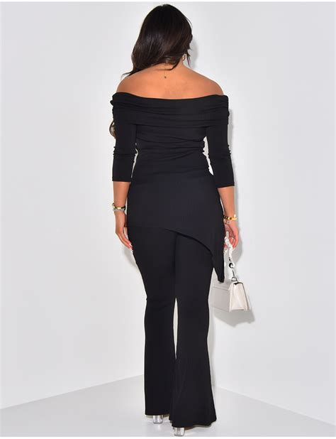 Ensemble Texturé Pantalon Et Top Asymétrique Col Bateau