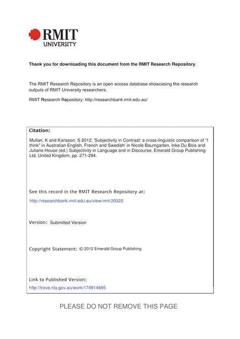 Pdf Subjectivity In Contrast A Cross Linguistic Comparison Of ‘i