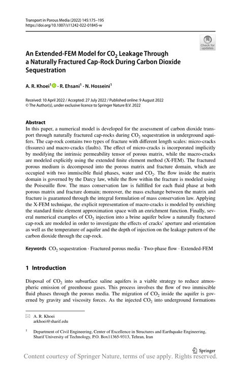An Extended Fem Model For Co2 Leakage Through A Naturally Fractured Cap