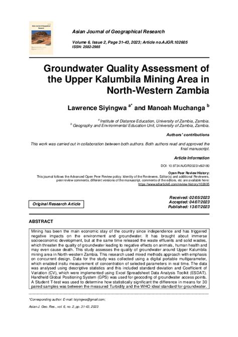 Pdf Groundwater Quality Assessment Of The Upper Kalumbila Mining Area In North Western Zambia