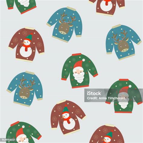 크리스마스 벡터는 다른 못생긴 스웨터와 함께 원활한 패턴입니다 귀여운 산타 클로스 눈사람 순록과 크리스마스 만화 스웨터 겨울에 대한 스톡 벡터 아트 및 기타 이미지 Istock