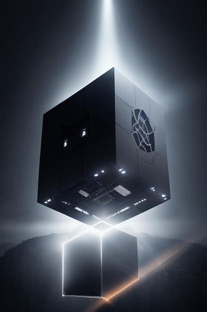 A Symmetrical Black Cubeshaped Building Hovering Premium Ai Generated