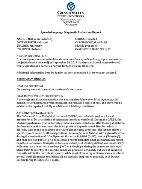 Pediatric Initial Evaluation Report Pdf Vocabulary Speech