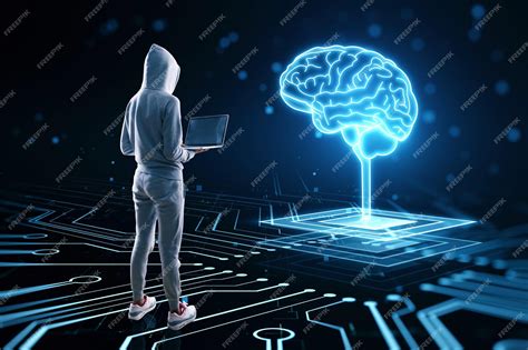 Premium Photo Hacker Using Laptop With Glowing Circuit Brain Hologram On Dark Background Ai