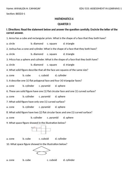 100 questions test pdf equations shape