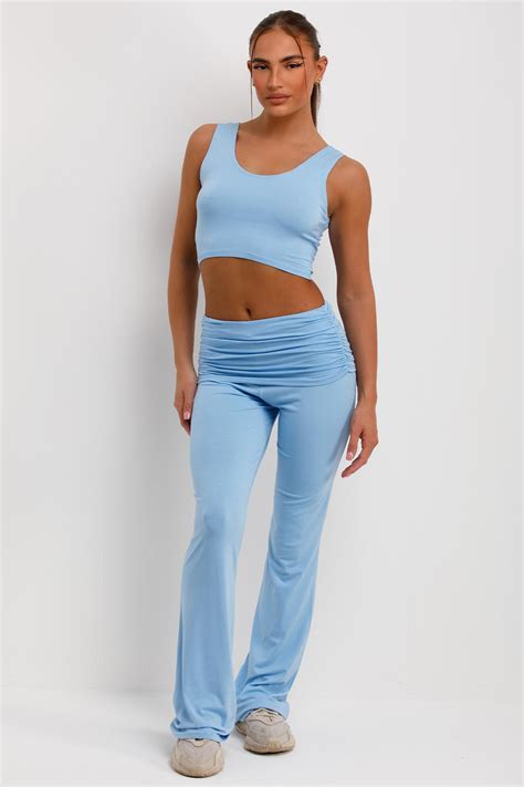 Fold Over Flared Trouser Crop Top Ruched Sleeve Cardigan Matching Set