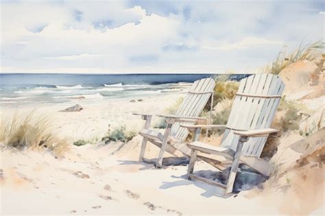 Watercolor Painting Of Two Adirondack Chairs By A Serene Beach With