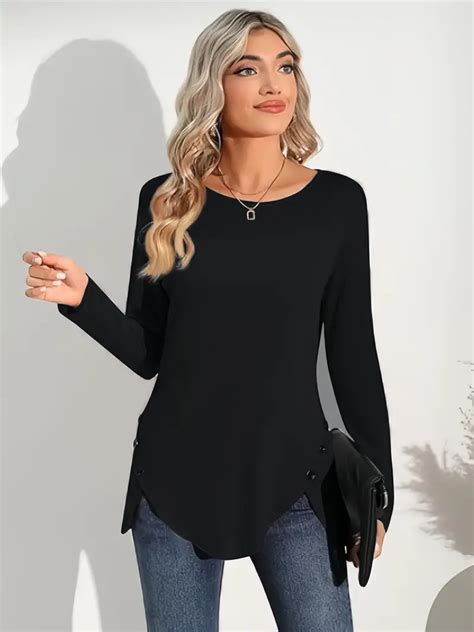 Solid Button Decor Crew Neck T Shirt Casual Long Sleeve Top Temu