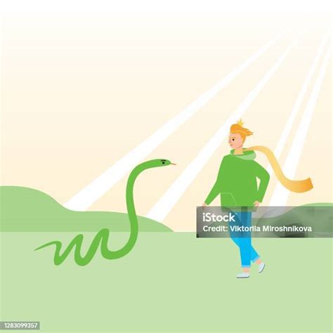 마법의 개념으로 어린 왕자 뱀 죽음 동화 크라운문자와 플랫 벡터 스톡 일러스트 귀여운에 대한 스톡 벡터 아트 및 기타 이미지