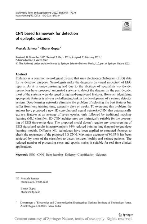 Cnn Based Framework For Detection Of Epileptic Seizures Request Pdf