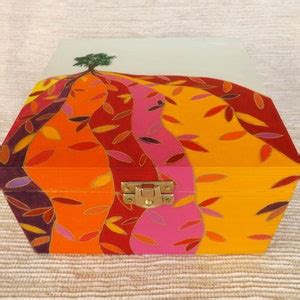 Wooden Tea Box With Tree Of Life Handpainted Leaves Chest For Jewelry