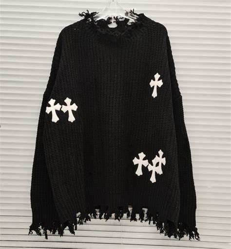 크롬하츠 Chrome Hearts 여성 패션 느슨한 찢어진 라운드 넥 니트 스웨터 블랙 - 쇼플렉스