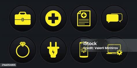 다이아몬드 약혼 반지 채팅 전기 플러그 설정 스마트 폰 임상 기록 및 의료 크로스 서클 아이콘을 설정합니다 벡터 Brand Name Smart Phone에 대한 스톡 벡터