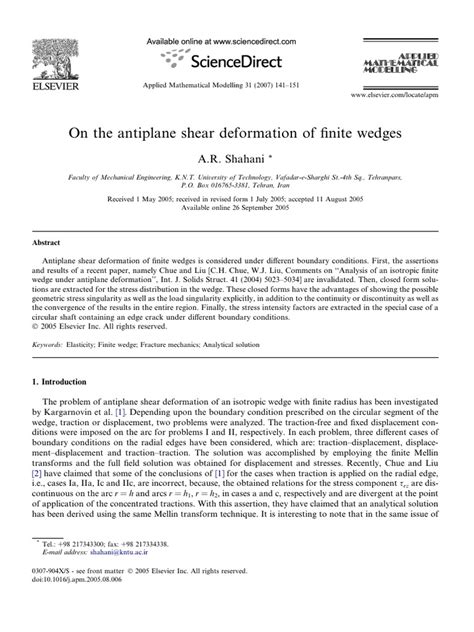 On The Antiplane Shear Deformation Of Finite 2007 App Lied