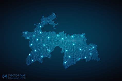 未来的なスタイルのタジキスタン地図放射状の点線パターン星で作られた青い円の輝く輪郭をデザインします紺色の背景にコミュニケーションの概念