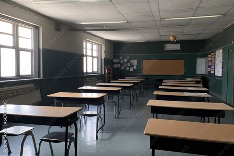 Empty Classroom With Rows Of Desks Facing Front And Blackboard In The