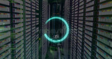 Animation Of Loading Circle Over Dots Against Server Racks And