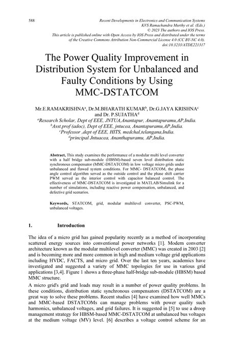 Pdf The Power Quality Improvement In Distribution System For Unbalanced And Faulty Conditions