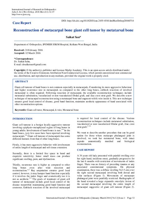 Pdf Reconstruction Of Metacarpal Bone Giant Cell Tumor By Metatarsal Bone Saikat Sau