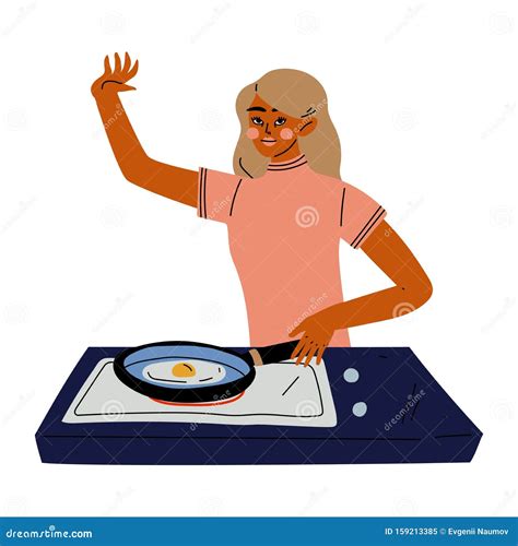 Young Woman Frying Egg In A Pan Girl Cooking In The Kitchen Vector