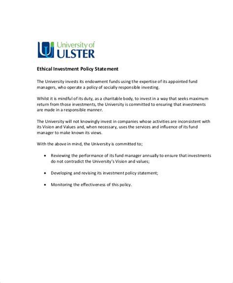 Free 10 Sample Investment Policy Statement Templates In Ms Word Pdf