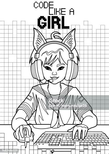 고양이 귀 헤드셋을 가진 아시아 소녀 게이머 또는 스트리머가 컴퓨터 앞에 앉아 있다 Championship에 대한 스톡 벡터
