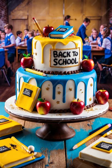 Twotier Back To School Cake With Red Apples And Blue Icing Premium Ai